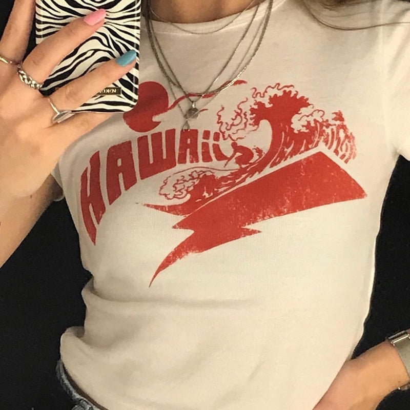"Red Waves" Women Vintage Short Sleeve Graphic T-Shirt