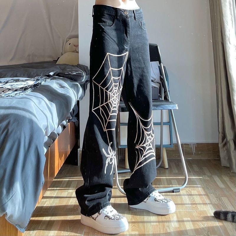 "Spider Web" Unisex Men Women Streetwear Denim Jeans